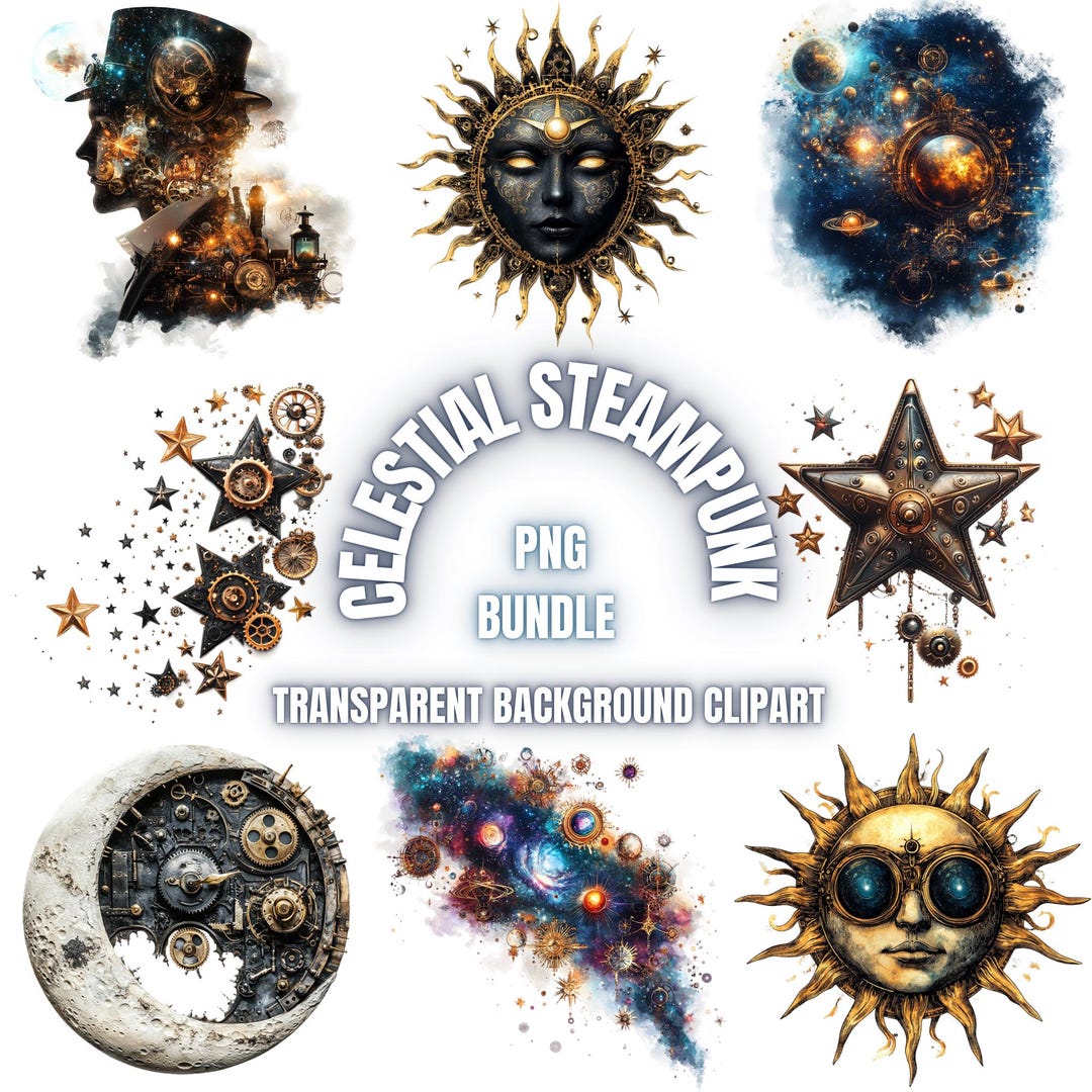 Steampunk Celestial Clipart Bundle, Victorian Sun, Moon, Galaxy (PNG ...