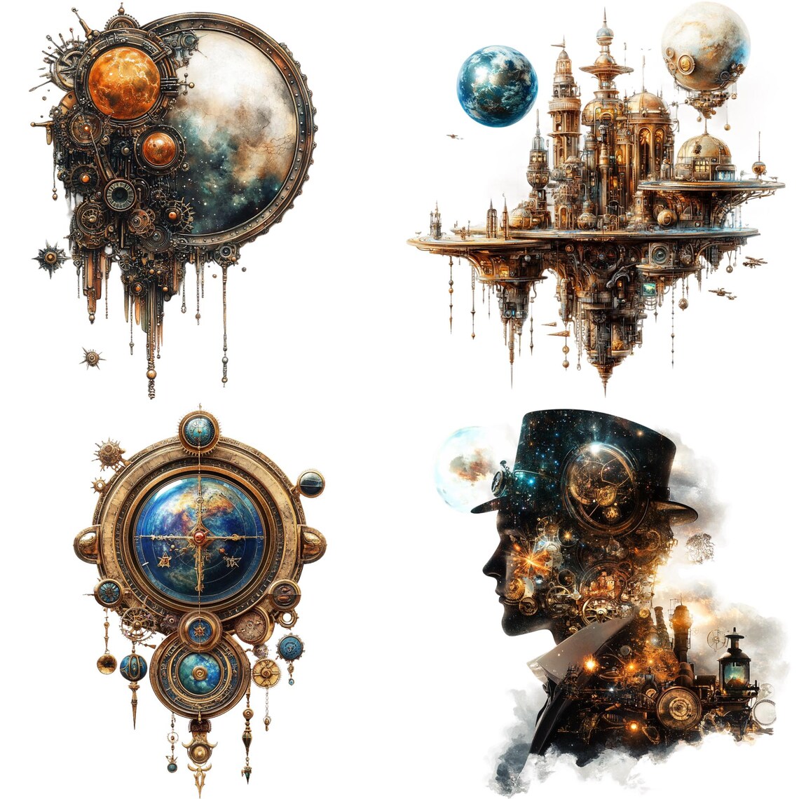 Steampunk Celestial Clipart Bundle, Victorian Sun, Moon, Galaxy (PNG ...
