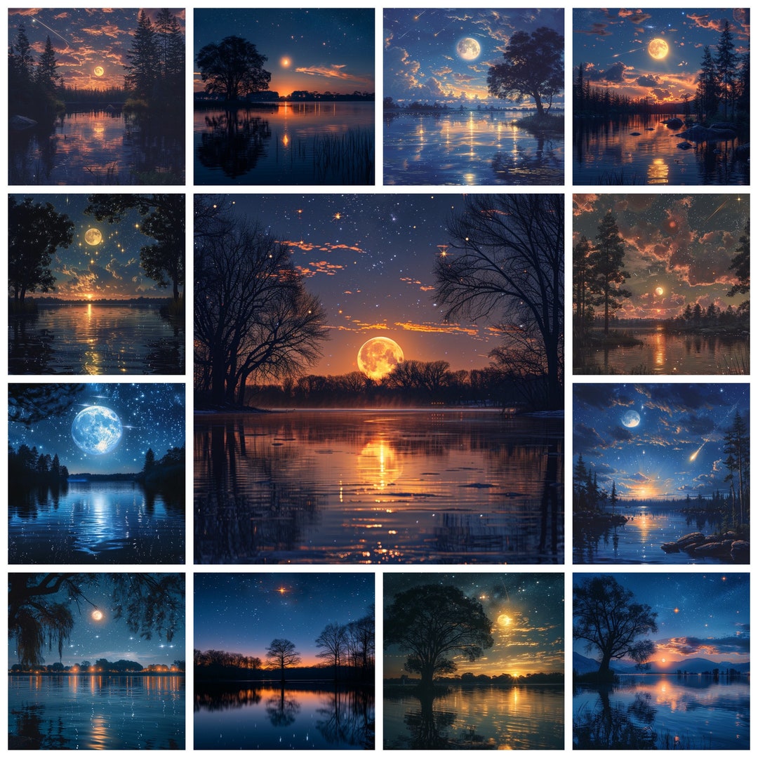 40 Serene Night Sky Lake Scene, Starry Reflection Tranquil Waterscape ...
