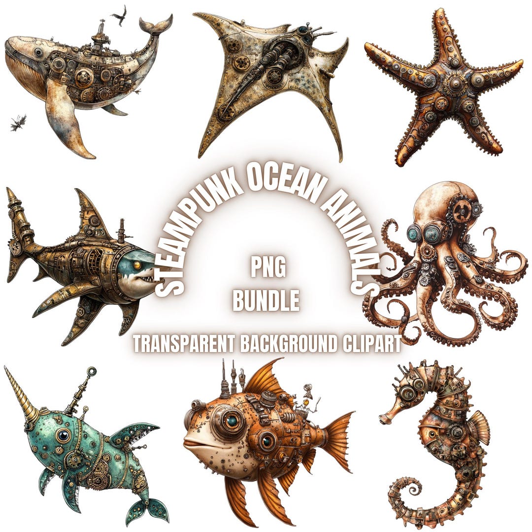 Steampunk Ocean Animals PNG Clipart Bundle, Watercolor Victorian ...