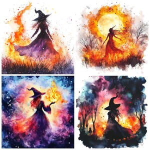 44 Fire Witch Clipart PNG Bundle, Watercolor Flaming Witchcraft ...