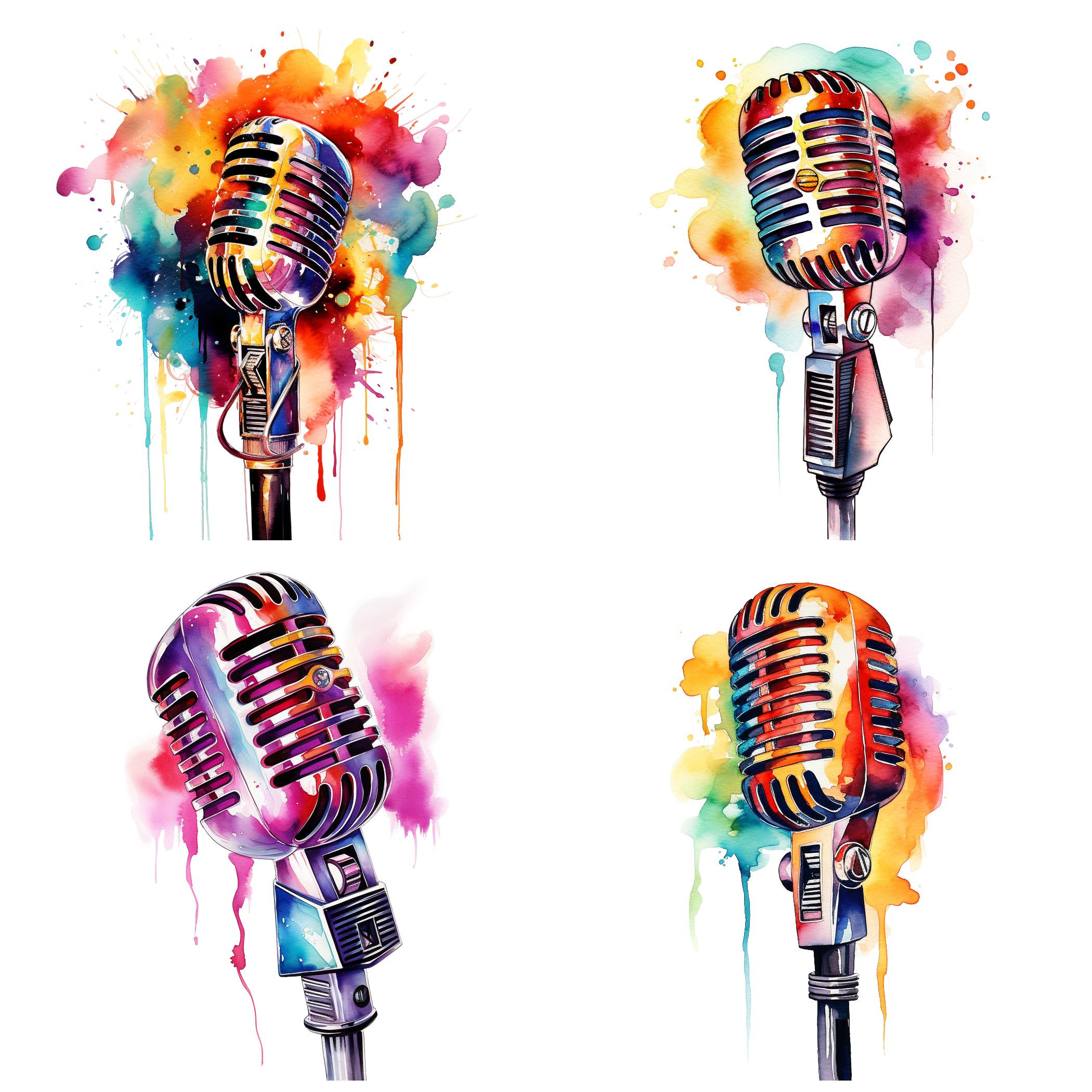 Watercolor Microphone Clipart Bundle, Vintage Vocal Images (PNG Digital ...