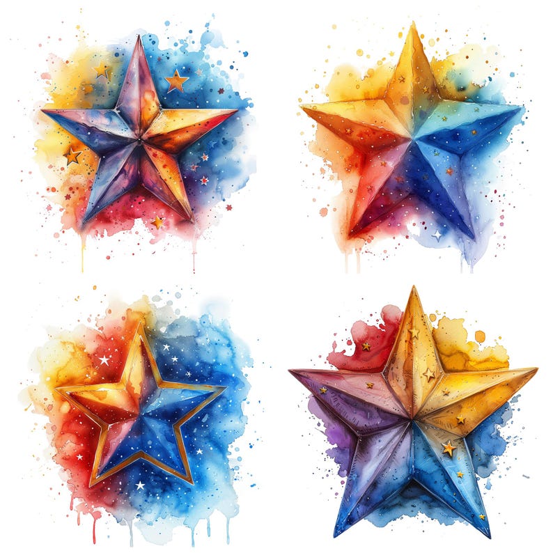 37 Colorful Star PNG Clipart Bundle, Watercolor Star Transparent ...