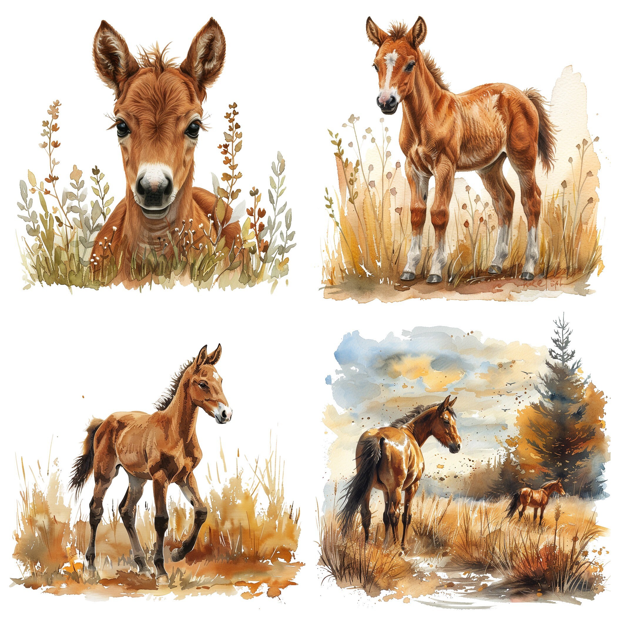 43 Foal PNG Clipart Bundle, Watercolor Foal Artwork Illustration, Young ...
