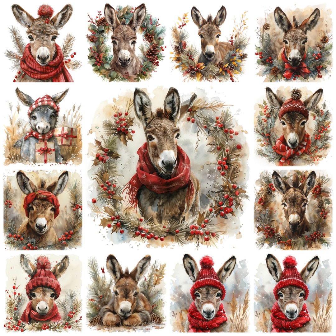 48 Christmas Donkey PNG Clipart, Watercolor Festive Donkey Transparent ...