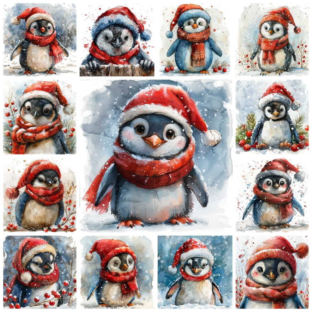 46 Christmas Penguin PNG Clipart, Watercolor Festive Penguin ...