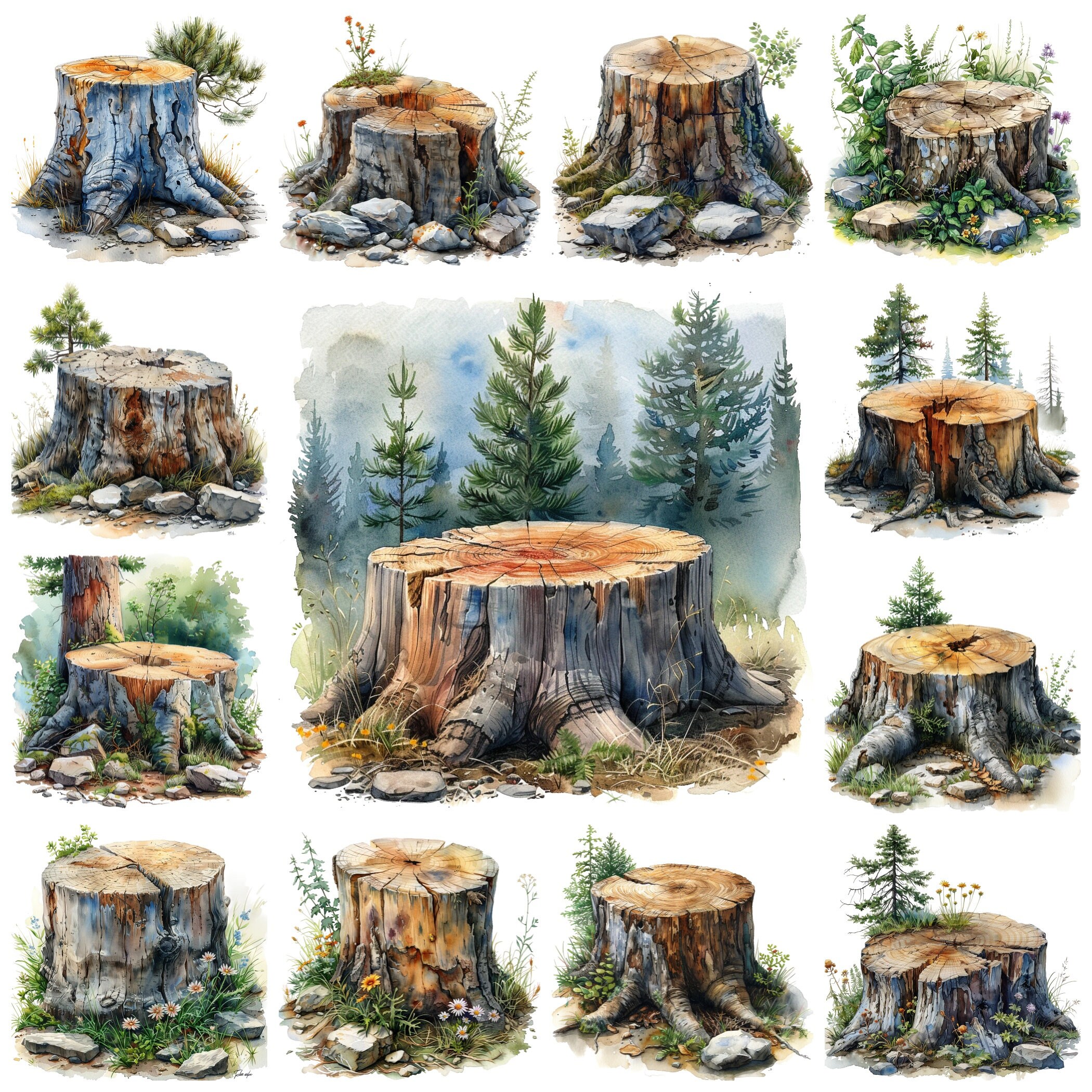 Tree Stump PNG Clipart, Watercolor 46 Stump Transparent BG Illustration ...