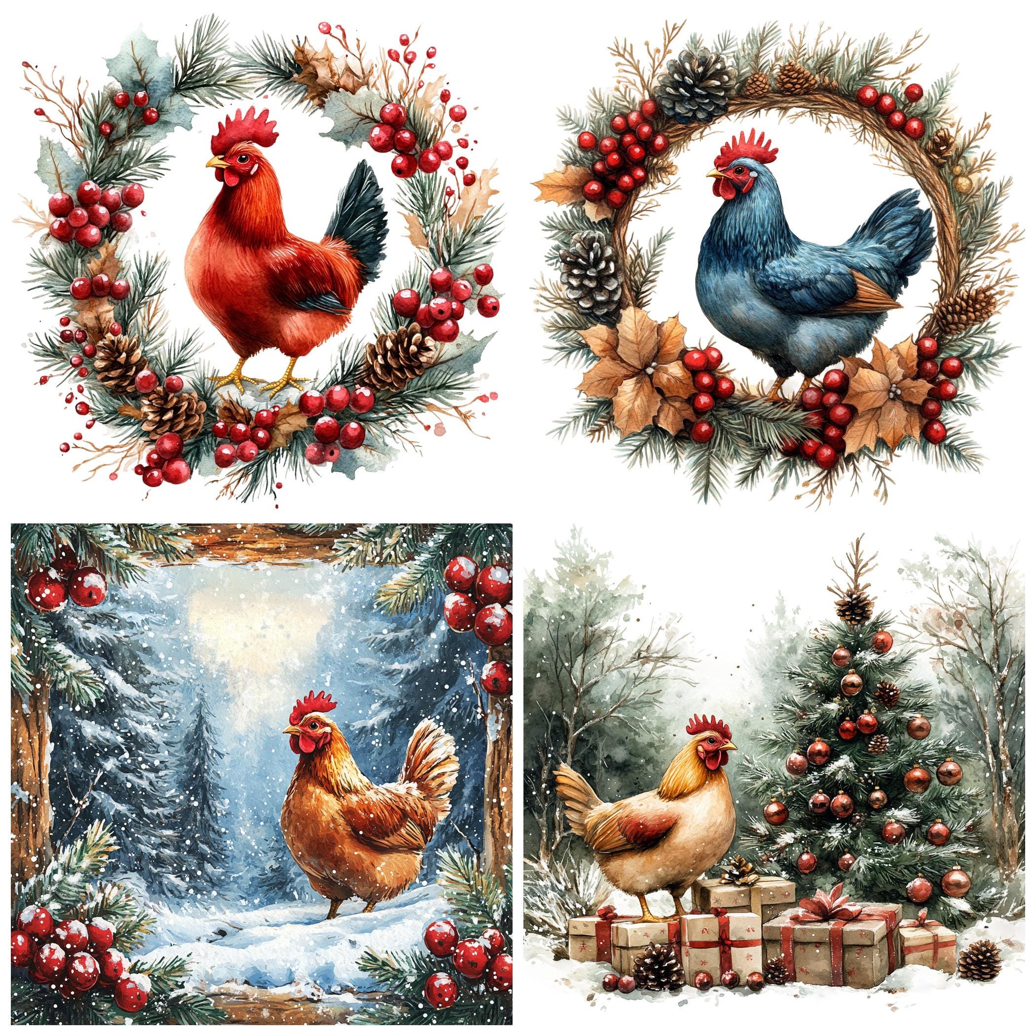 32 Christmas Chicken PNG Clipart Bundle, Watercolor Xmas Chicken ...