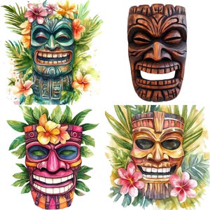 50 Hawaiian Tiki Mask PNG Clipart Bundle, Watercolor Tropical Tiki Mask ...