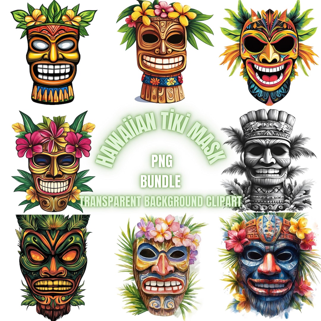 50 Hawaiian Tiki Mask PNG Clipart Bundle, Watercolor Tropical Tiki Mask ...