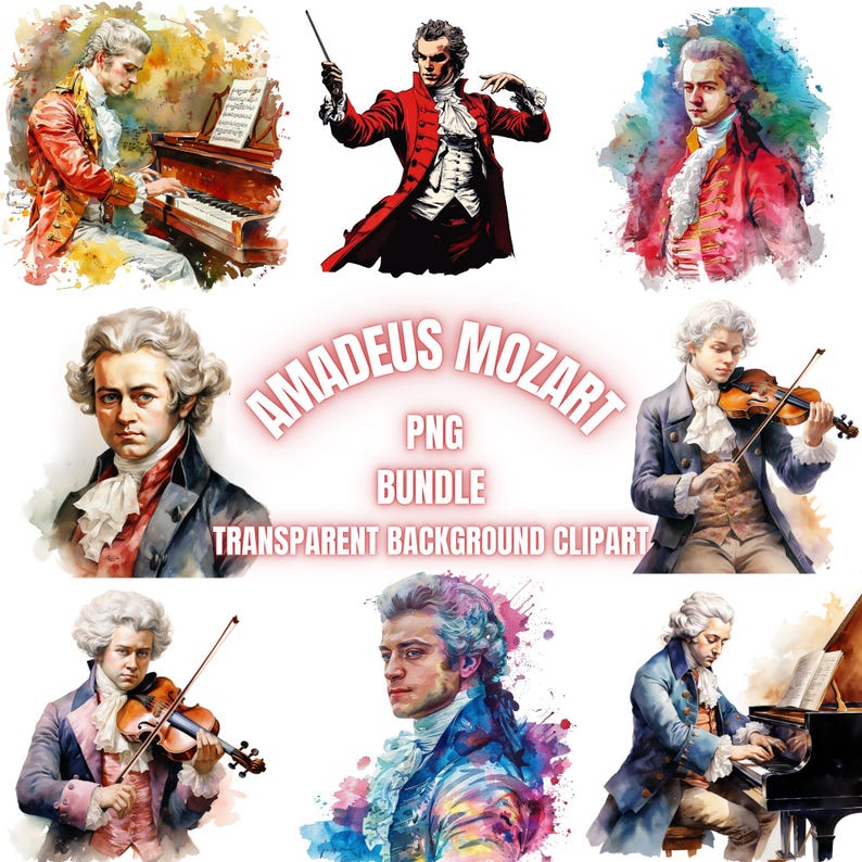 Wolfgang Amadeus Mozart PNG Clipart Bundle, Watercolor Mozart Famous ...