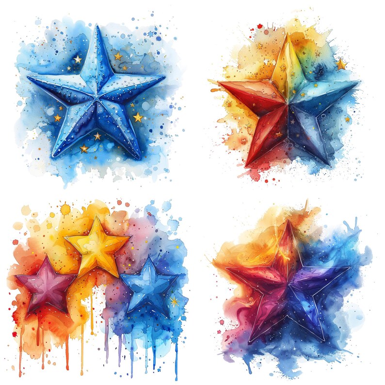37 Colorful Star PNG Clipart Bundle, Watercolor Star Transparent ...