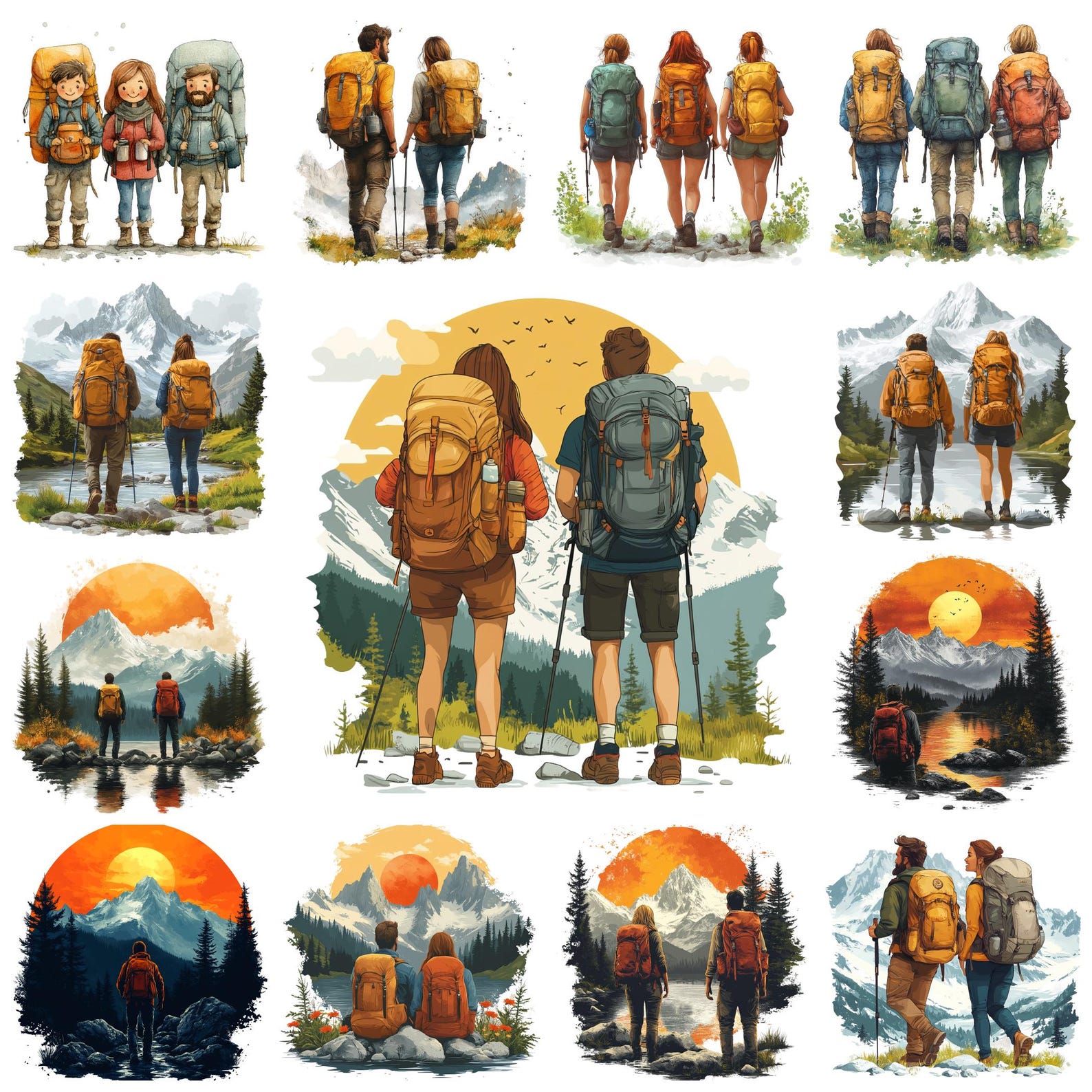 36 Backpackers PNG Clipart Bundle, Watercolor Travel Enthusiasts Images ...