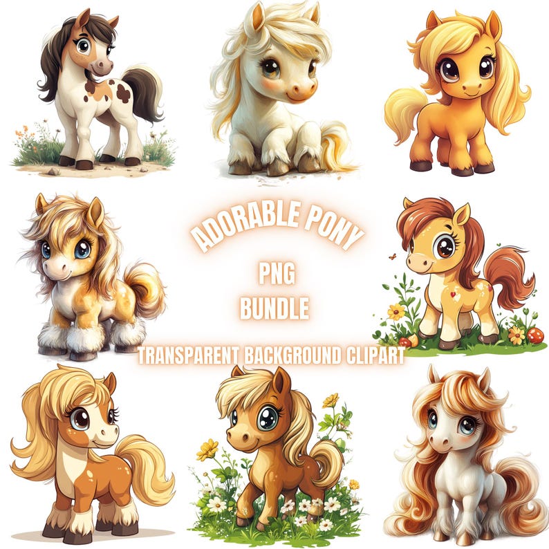 33 Adorable Pony PNG Clipart Bundle, Watercolor Cute Pony Illustration ...