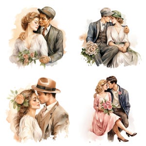 24 Romantic Couple PNG Clipart Bundle, Watercolor Vintage Couple in ...