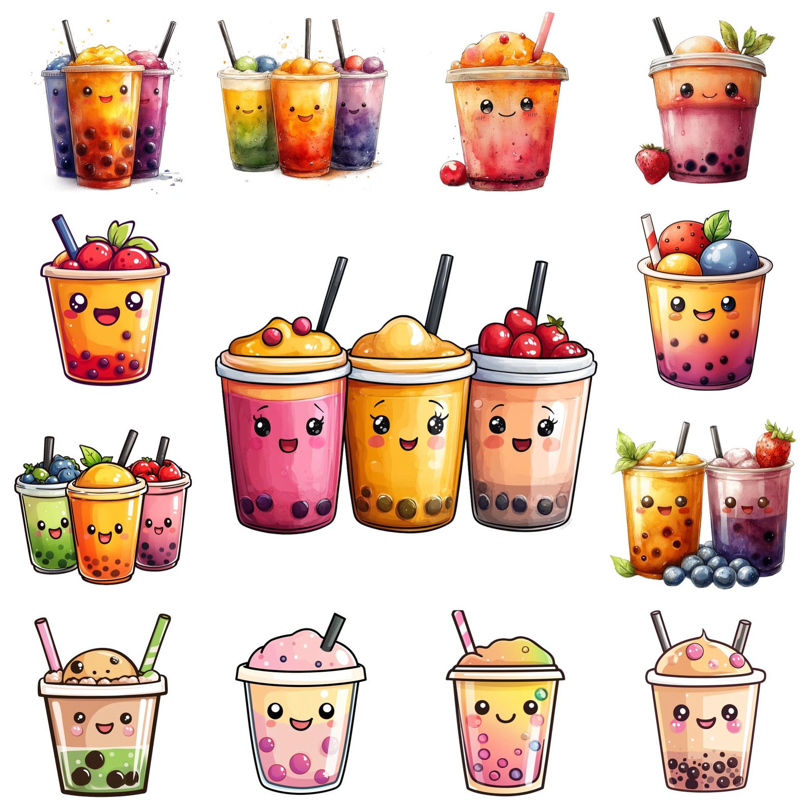 Sweet Kawaii Bubble Tea PNG Clipart Bundle, Watercolor Cute Boba Tea ...