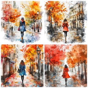 47 Woman on Street Autumn Themed PNG Clipart Bundle, Watercolor Fall ...
