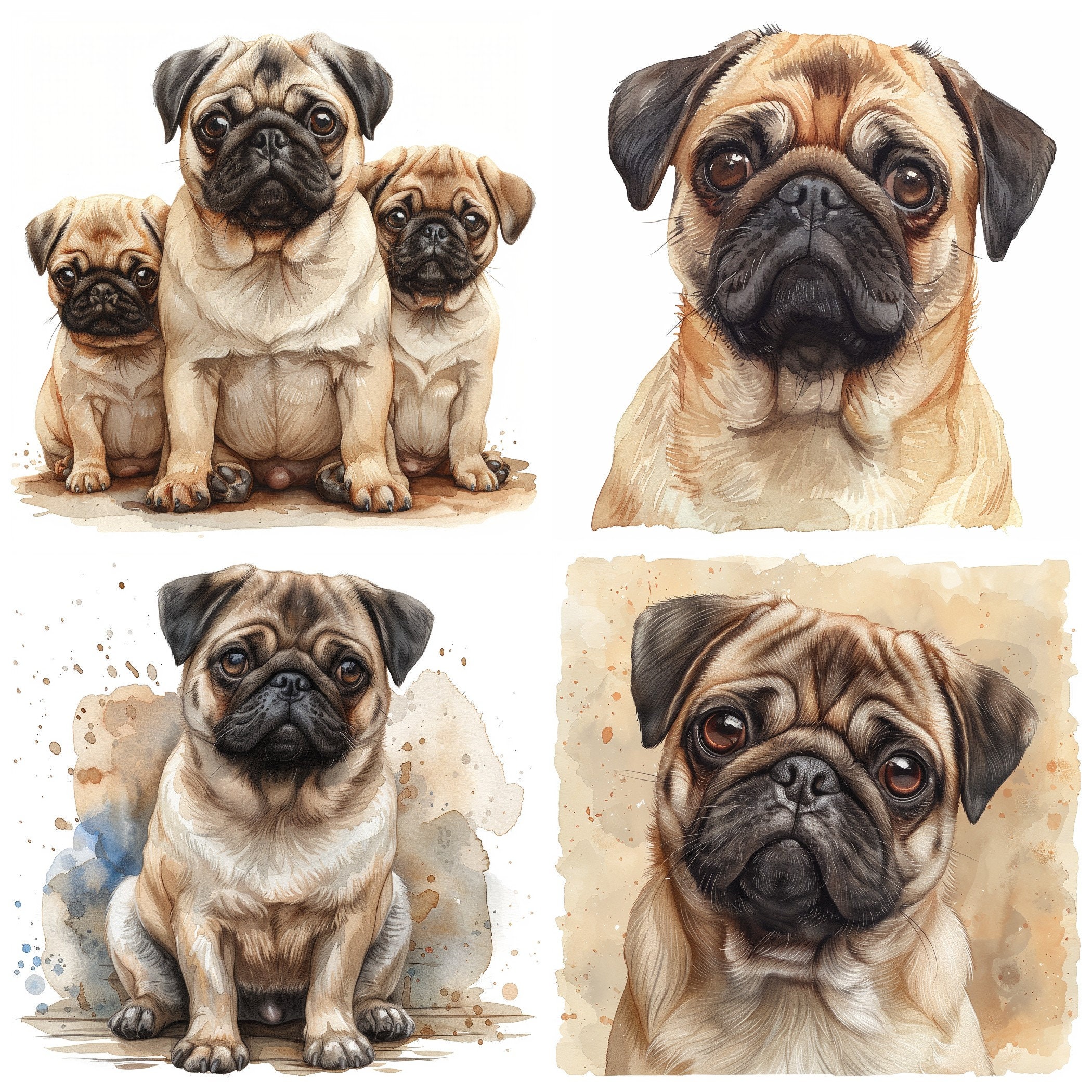 26 Pug Dog Breed PNG Clipart, Watercolor Cute Pug Family Illustration ...