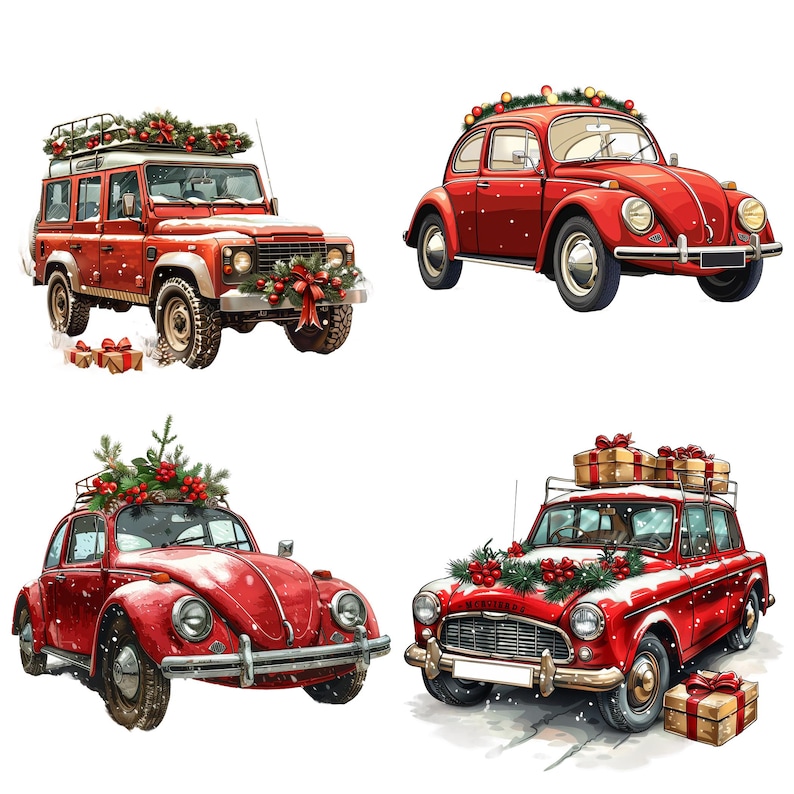 Clipart PNG Christmas Car, Akwarela 28 Ilustracja scenerii samochodu Xmas, Obrazy samochodów ...
