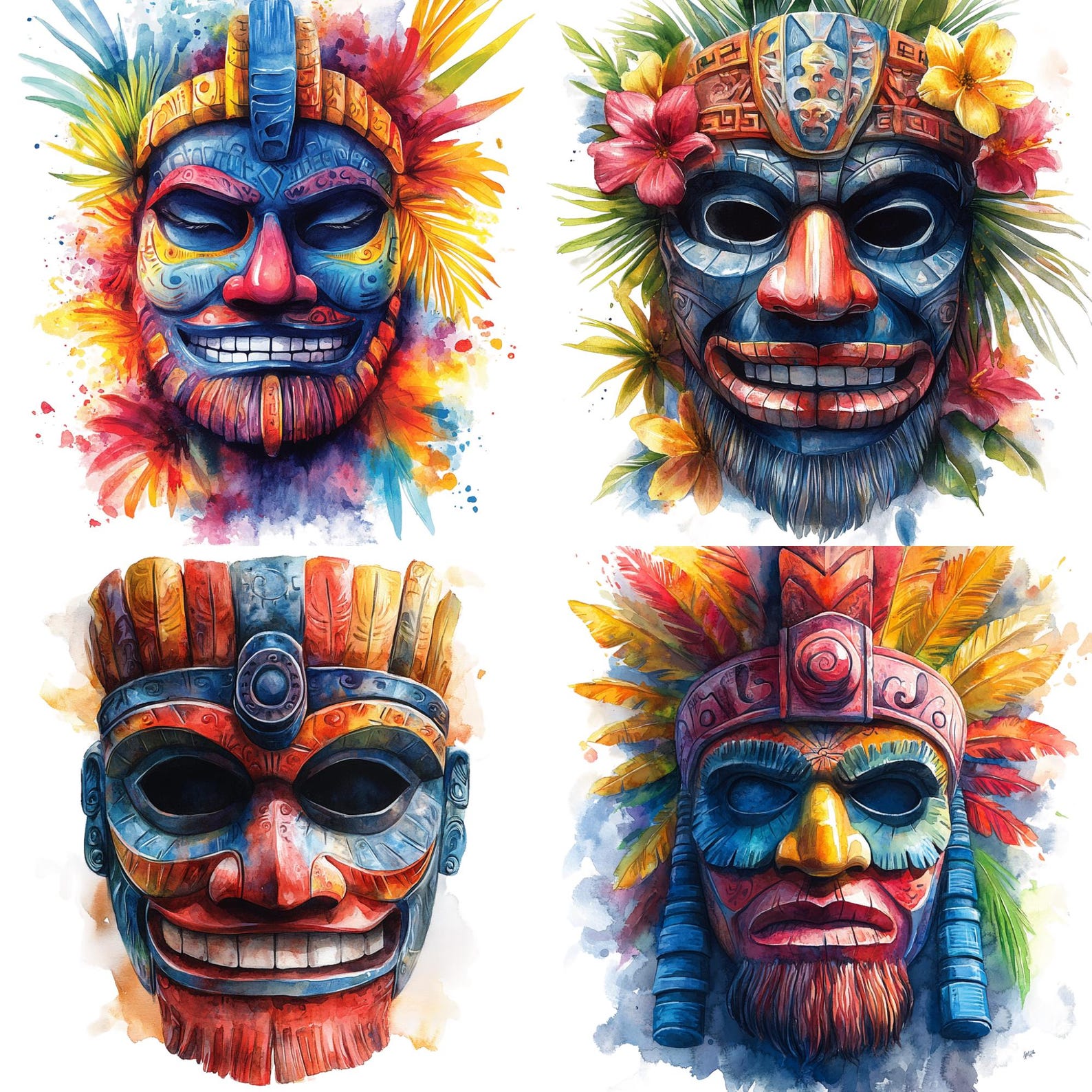 50 Hawaiian Tiki Mask PNG Clipart Bundle, Watercolor Tropical Tiki Mask ...