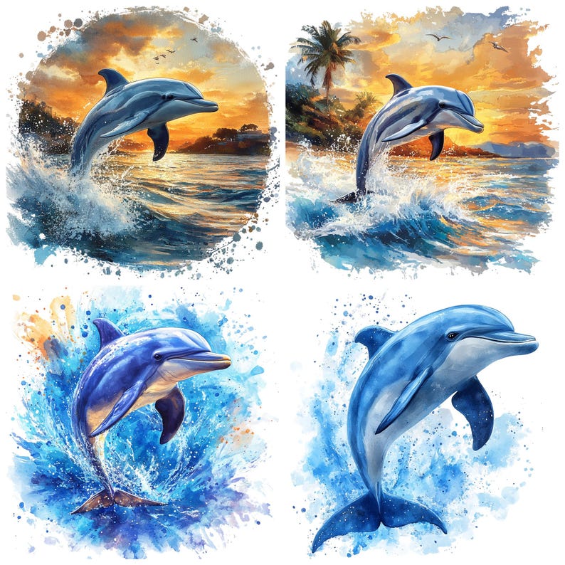 29 Watercolor Dolphin PNG Clipart Bundle, Nautical Dolphin Scenery ...