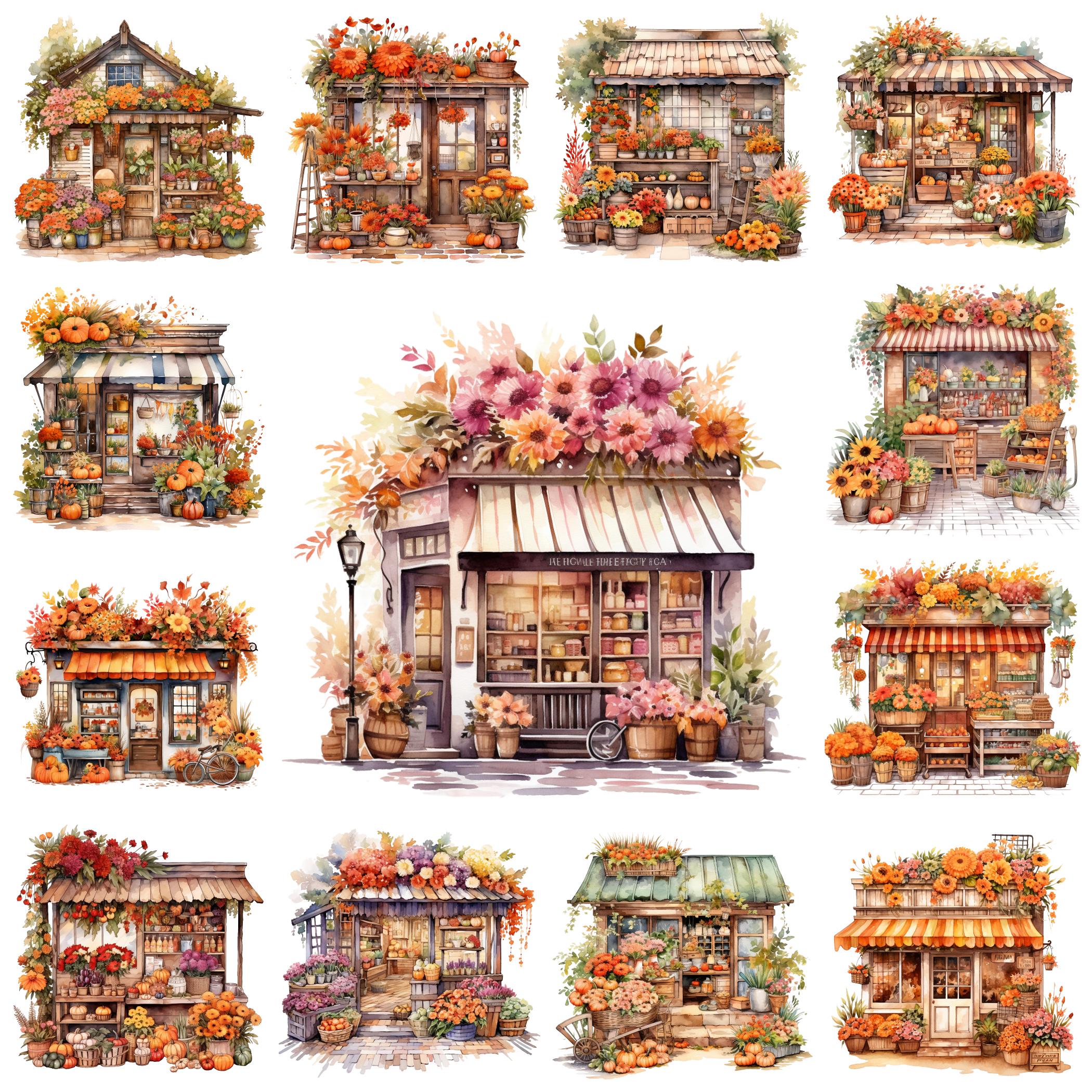 43 Cozy Flower Shop PNG Clipart Bundle, Watercolor Fall Season Flower ...