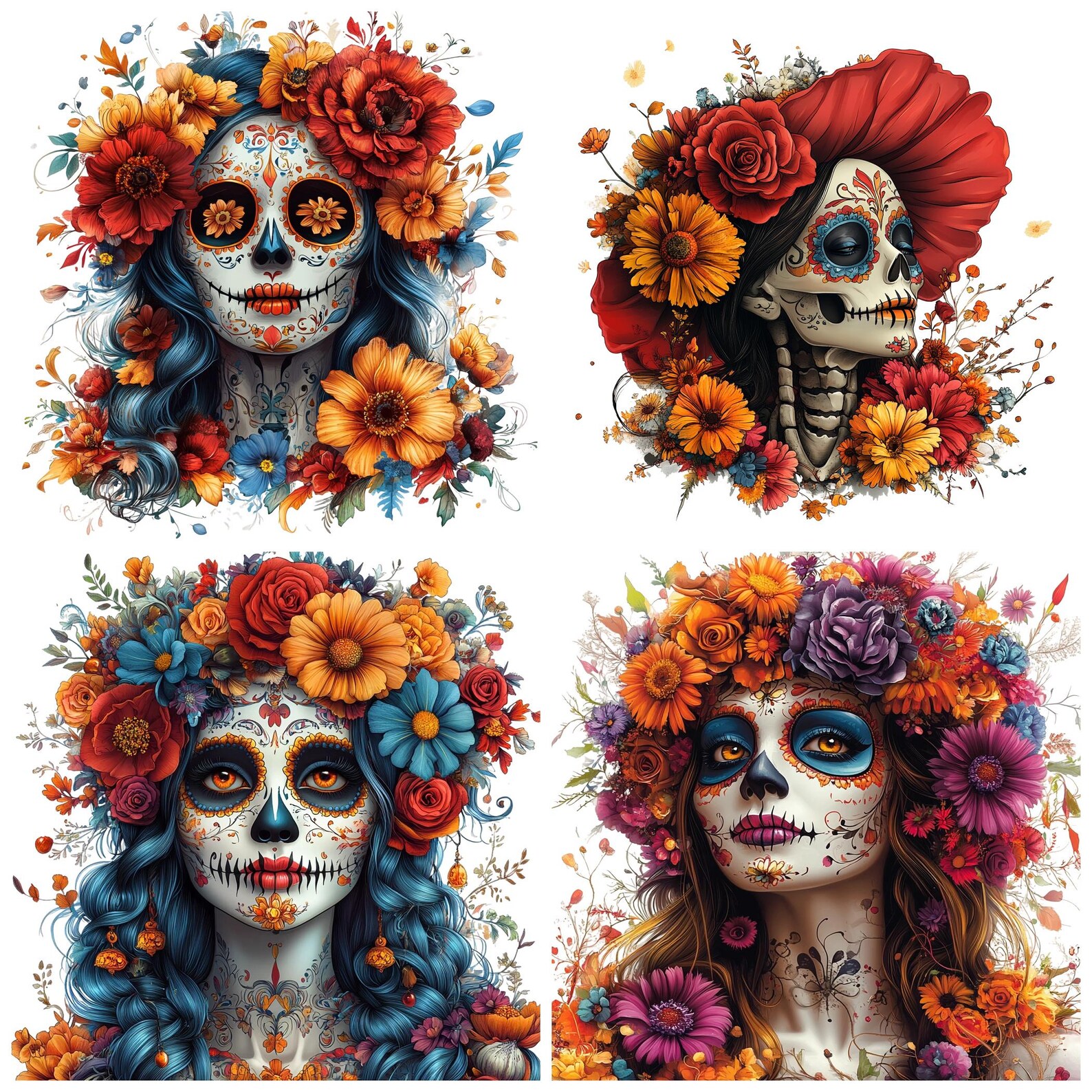 40 La Catrina PNG Clipart Bundle, Illustration colorée de peinture pour ...