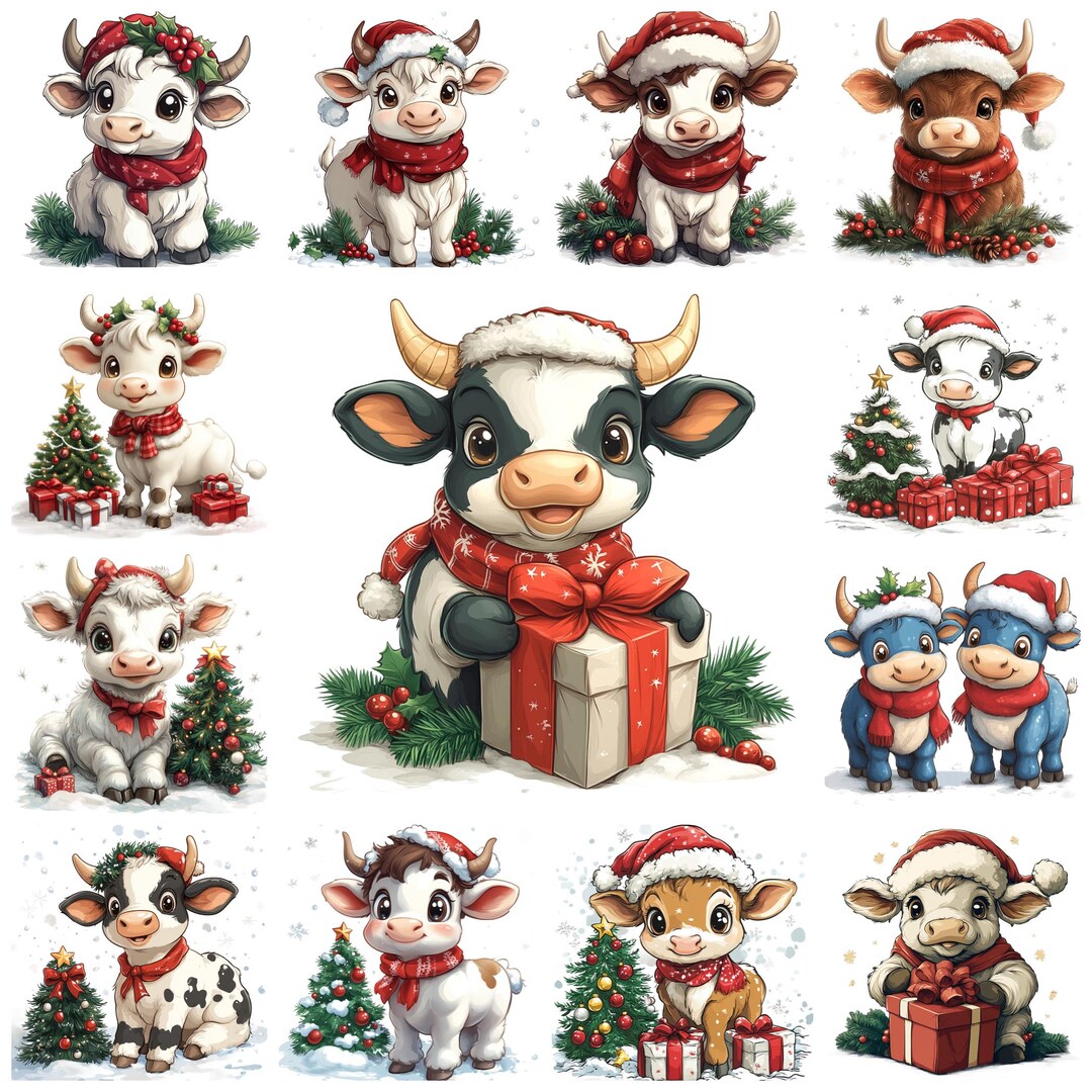 48 Cartoon Christmas Cattle PNG Clipart Bundle, Adorable Xmas Cattle ...