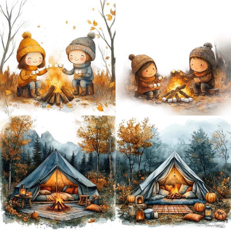 Autumn Cozy Campfire Scenery PNG Clipart Bundle, Watercolor Fall Season ...