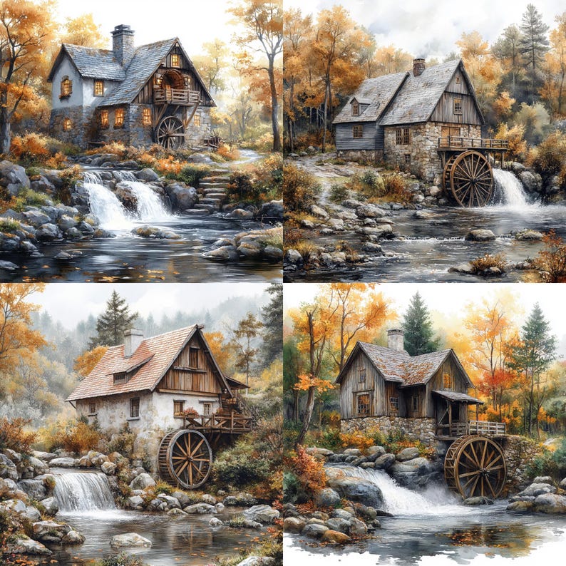 32 Rustic Watermill PNG Clip Art, Watercolor Vintage Old Mill Images ...