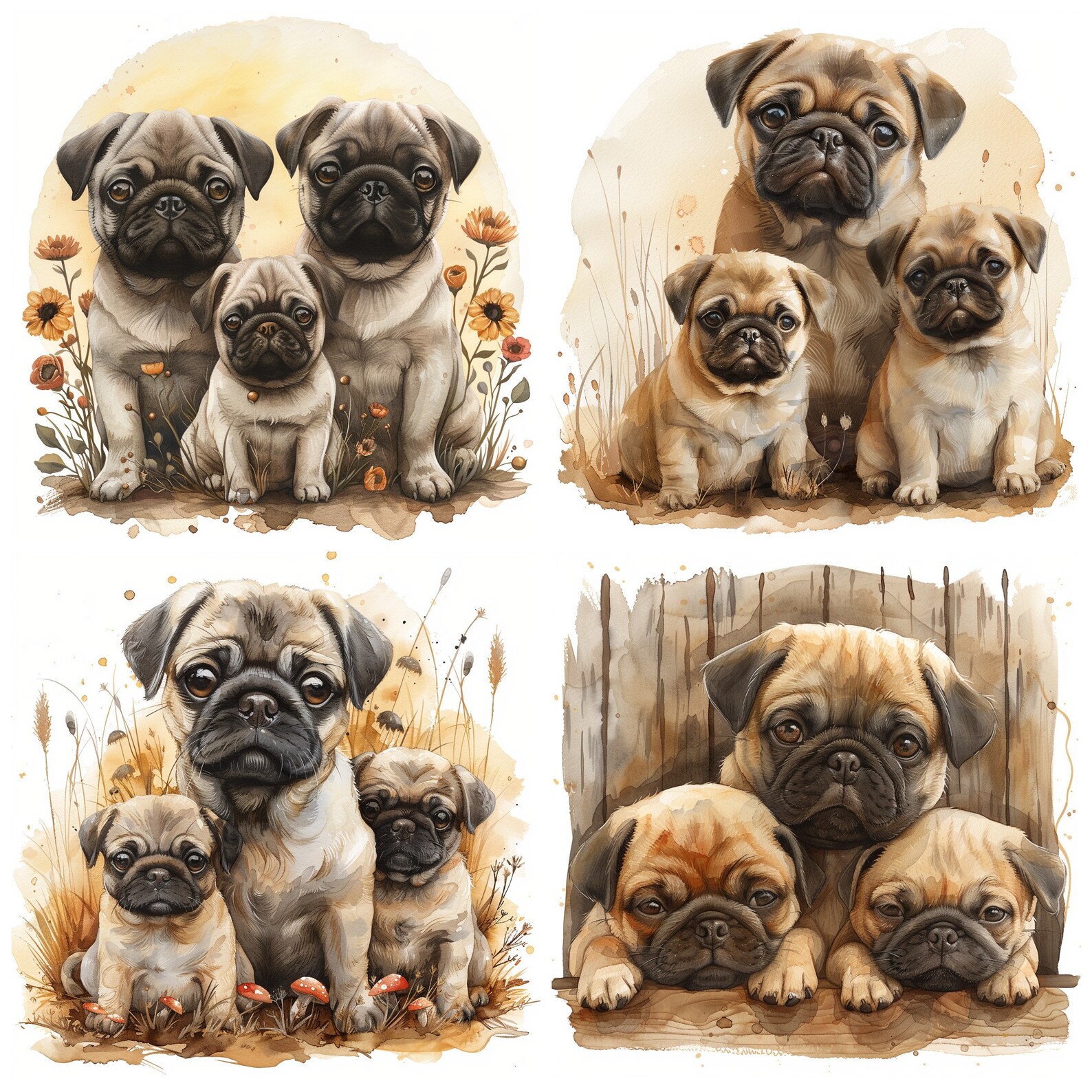 26 Pug Dog Breed PNG Clipart, Watercolor Cute Pug Family Illustration ...