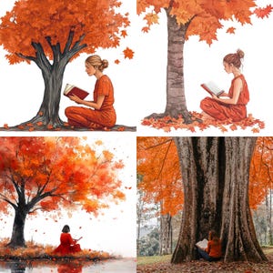 Woman Reading Book Under Autumn Tree PNG Clipart Bundle, Watercolor ...