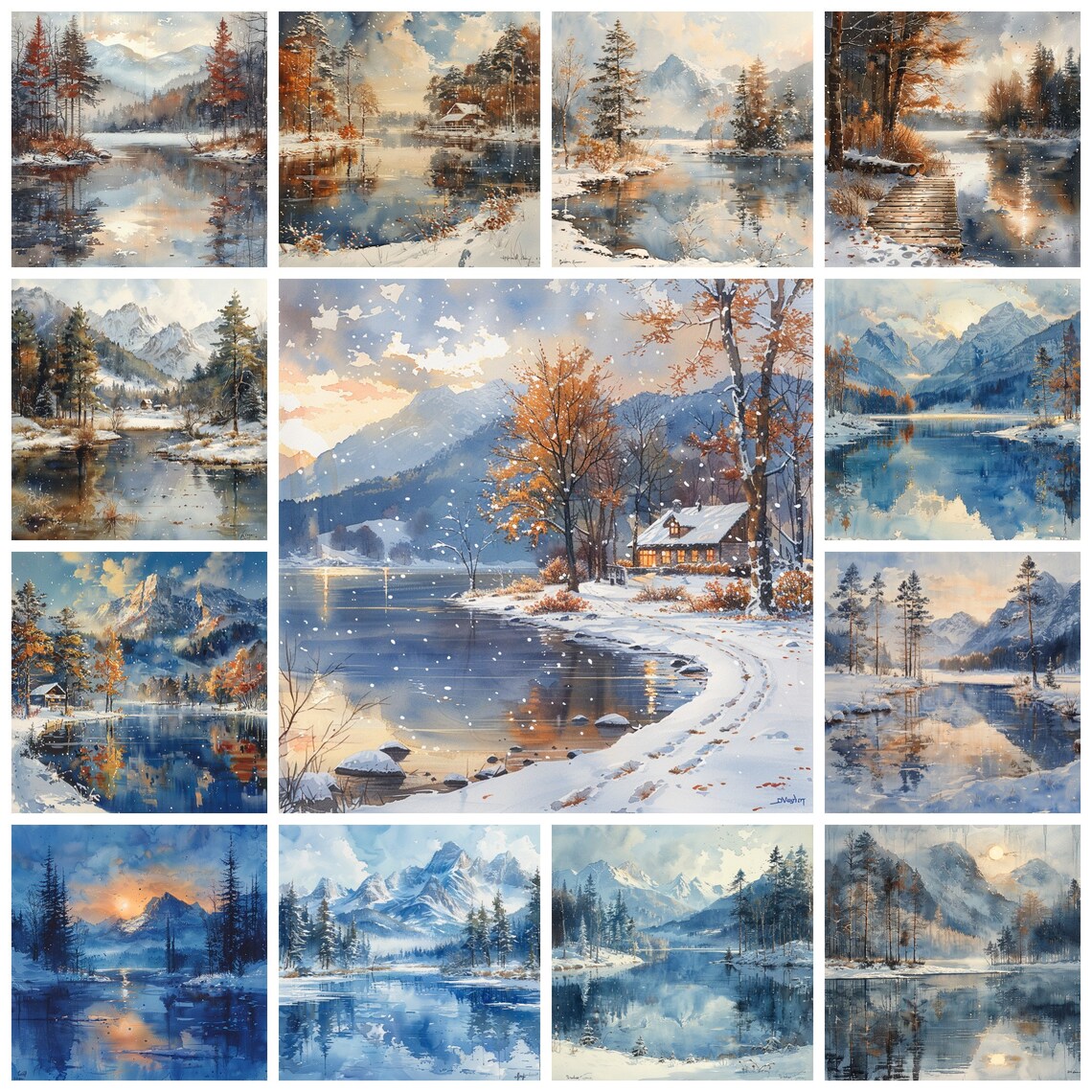 20 Lakeside Winter PNG Landscape, Watercolor Snowy Lake Clipart,winter ...
