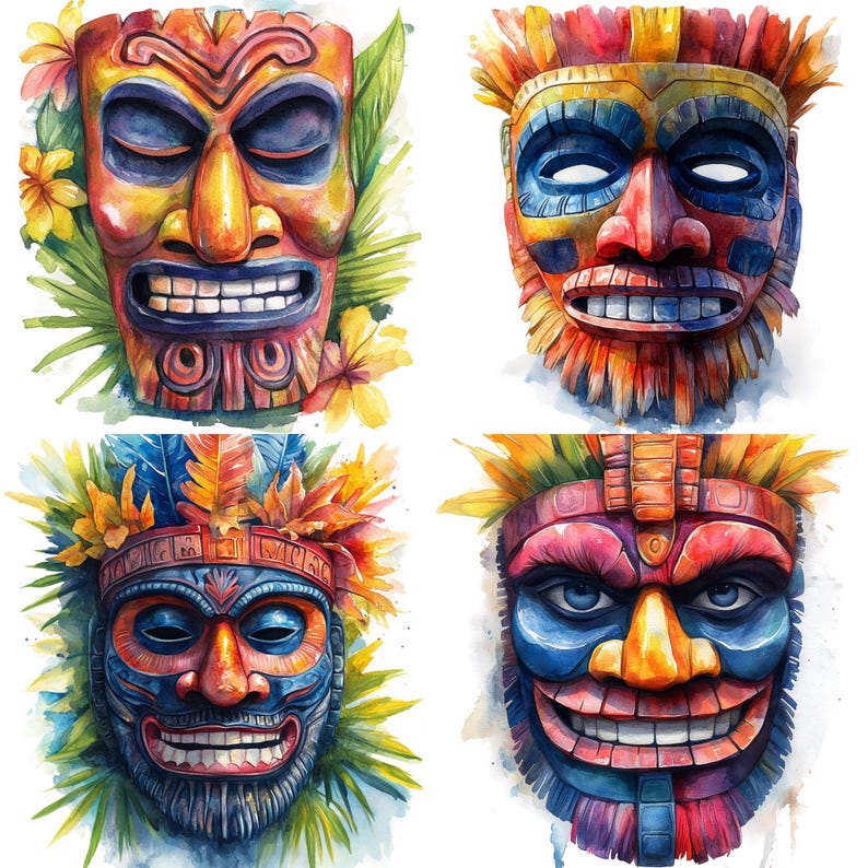 50 Hawaiian Tiki Mask PNG Clipart Bundle, Watercolor Tropical Tiki Mask ...