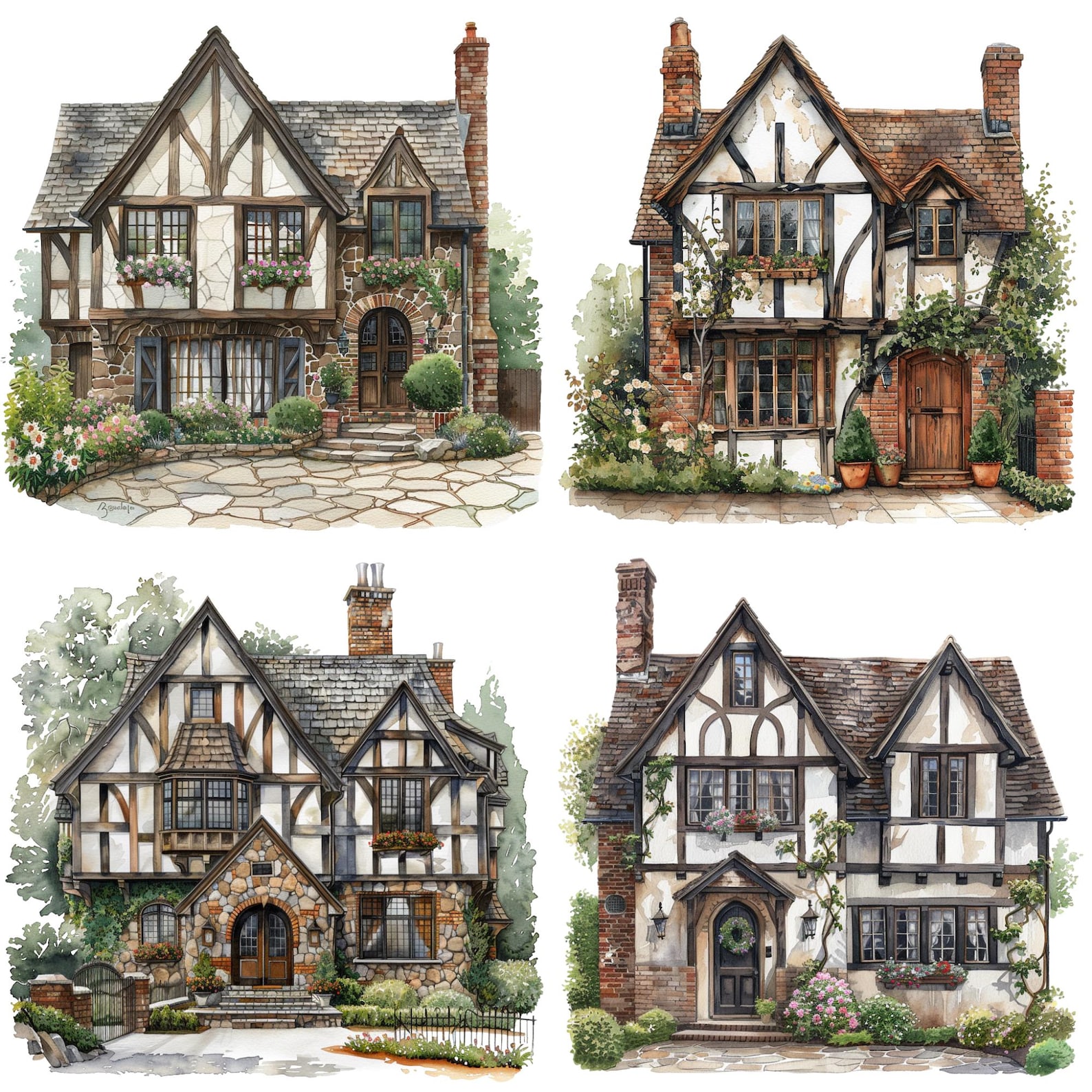 English Tudor House PNG Clipart Bundle, Traditional House Illustration ...