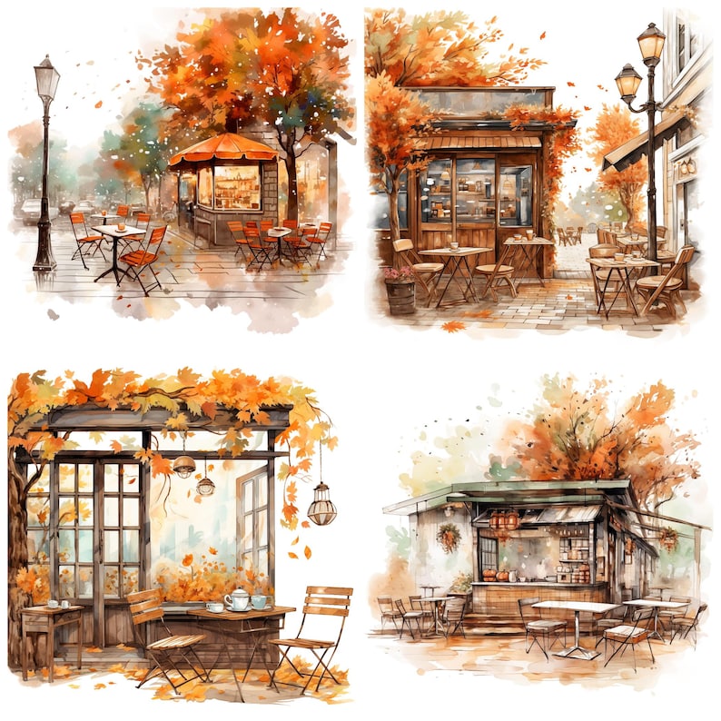 Watercolor Autumn Coffee Shop Clipart, Cozy Cafe Graphics (digital ...