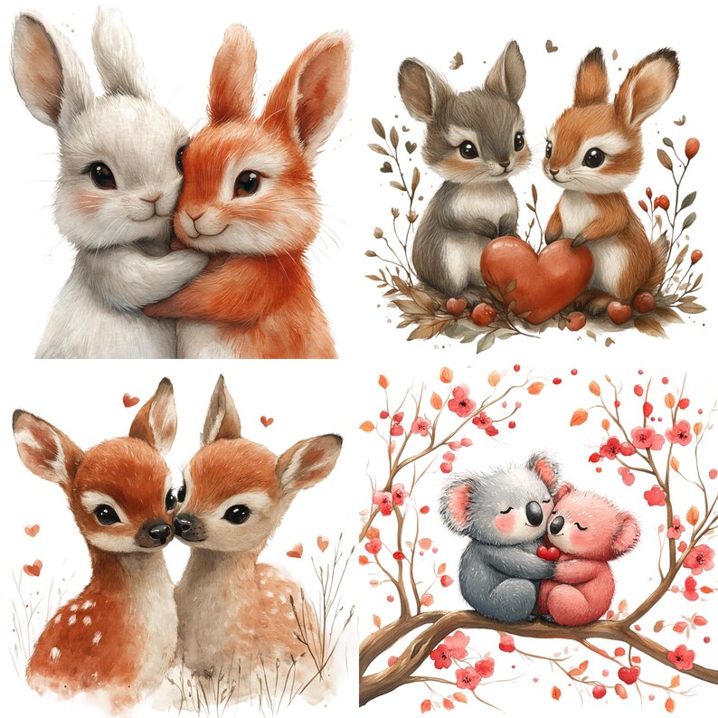 Valentine's Day Animals PNG Clipart Bundle, Watercolor Valentine's Day ...