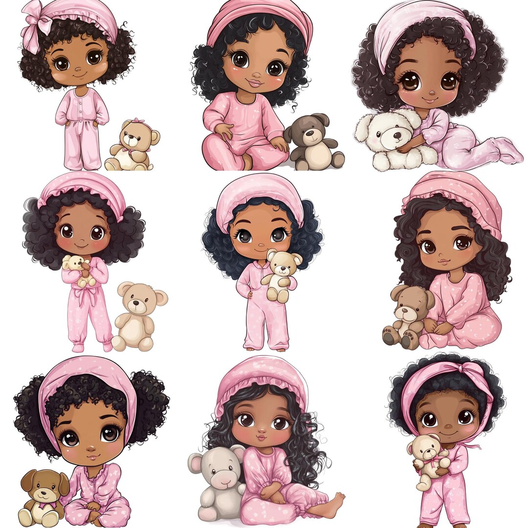 Chibi Black Girl Pink Pajamas, Holding Stuffed Animal, Silk Bonnet PNG ...