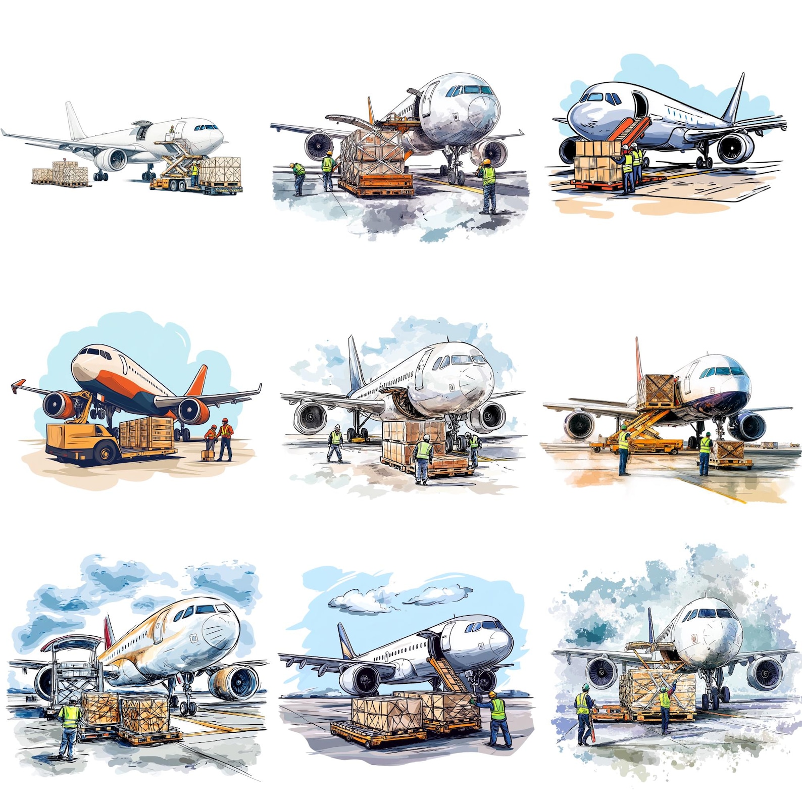 Cargo Plane Loading on Tarmac With Workers PNG Clipart Bundle ...