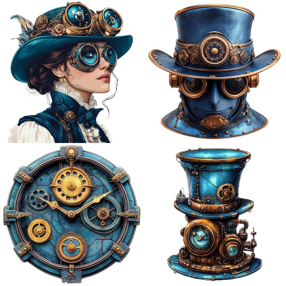 Blue Steampunk PNG Clipart Bundle, Watercolor Blue Victorian Mechanical ...
