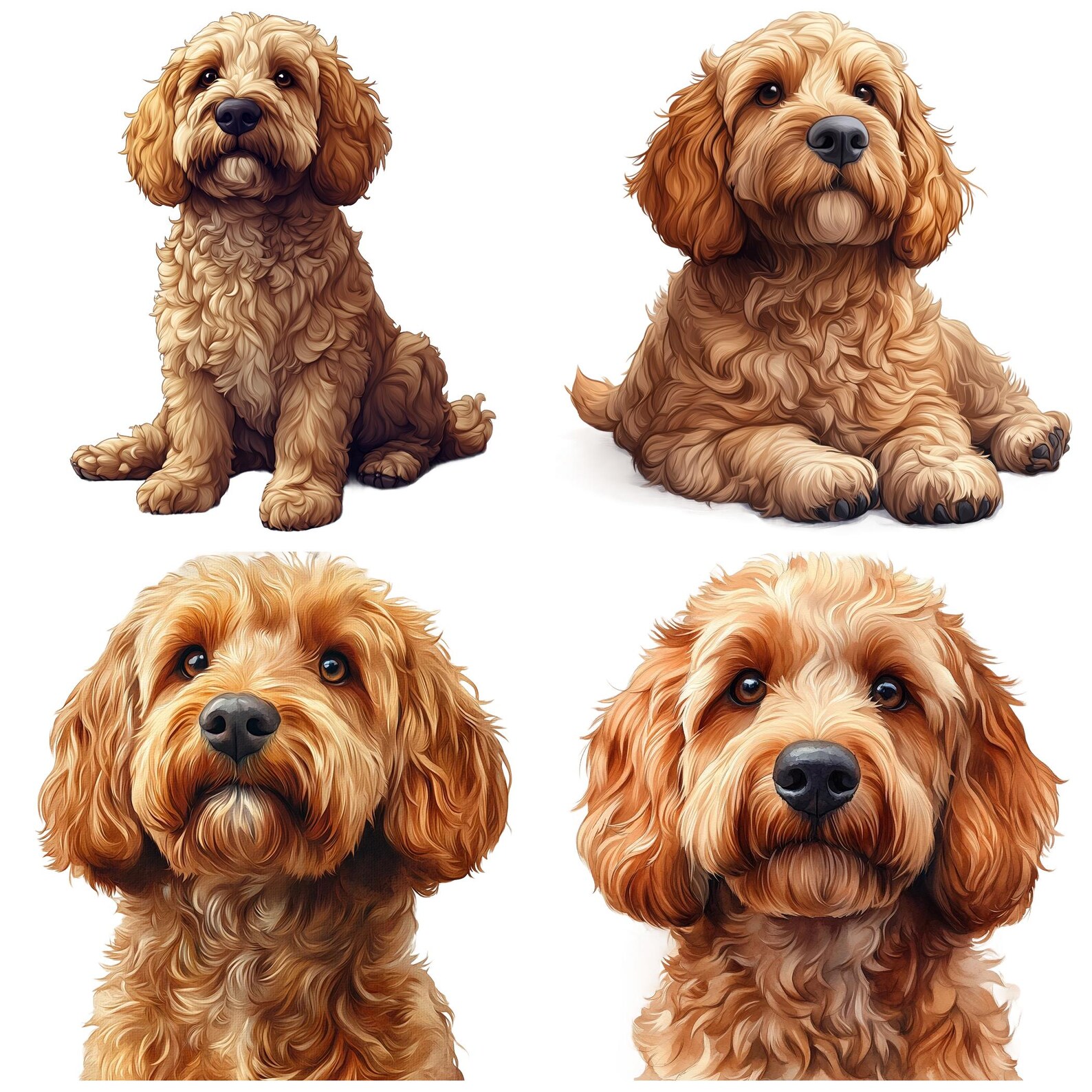 50 Golden Doodle Dog Breed Clipart PNG Bundle, Watercolor Fluffy Doodle ...