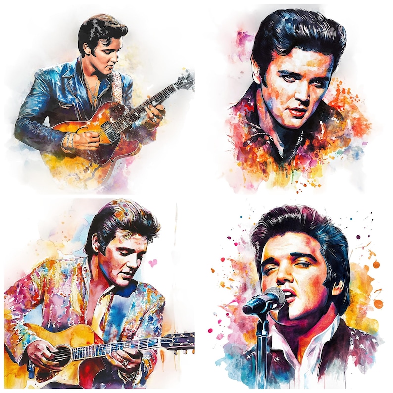 36 Elvis Presley PNG Clipart Bundle, Watercolor Elvis Legend King of ...