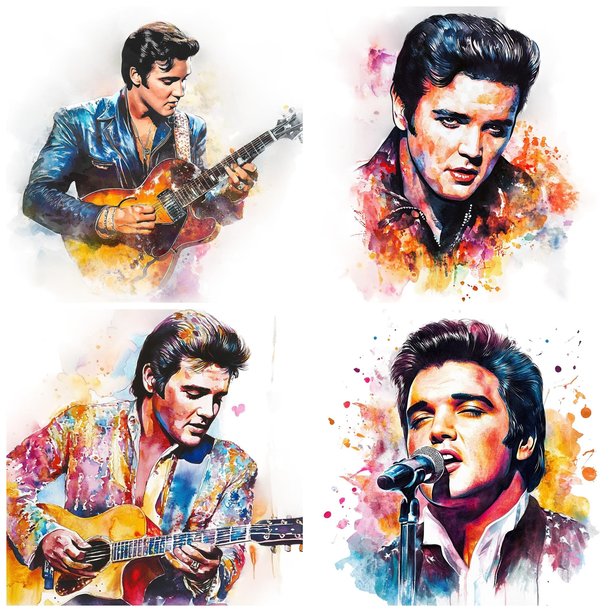 36 Elvis Presley PNG Clipart Bundle, Watercolor Elvis Legend King of ...