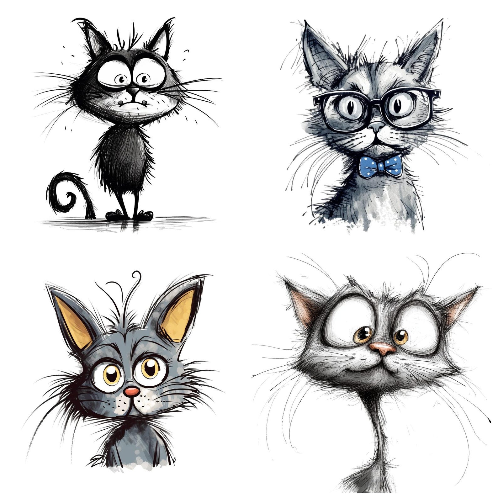 30 Quirky Cat PNG Clipart Bundle, Whimsical Kitten Illustration, Funny ...