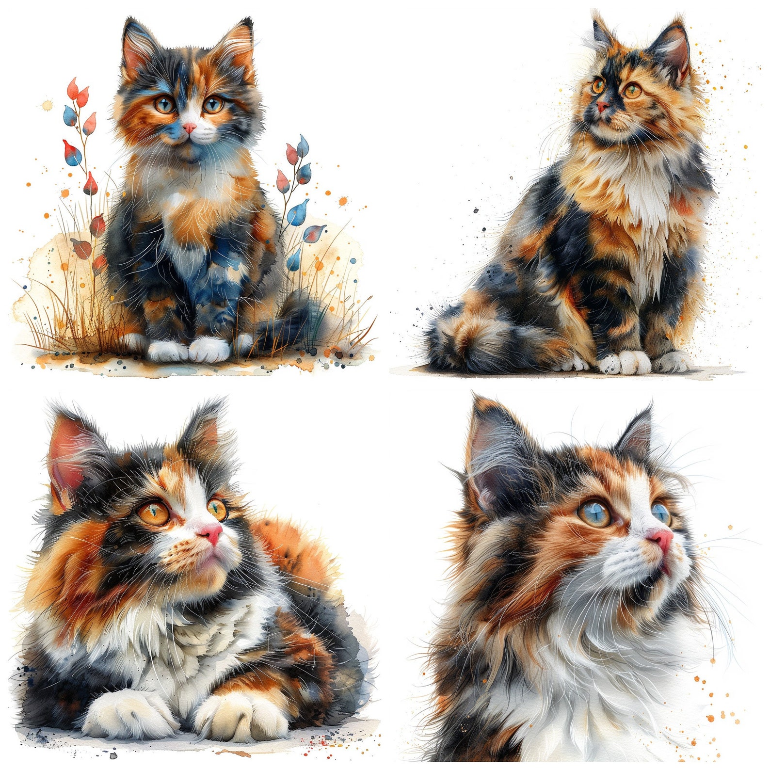 41 Calico Cat PNG Clipart, Watercolor Tricolor Cat Transparent BG ...