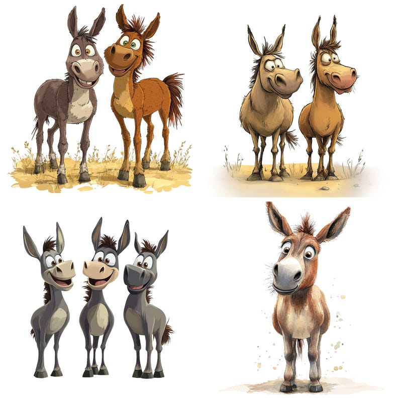 38 Quirky Donkey Clipart PNG Bundle, Adorable Donkey Cartoon ...