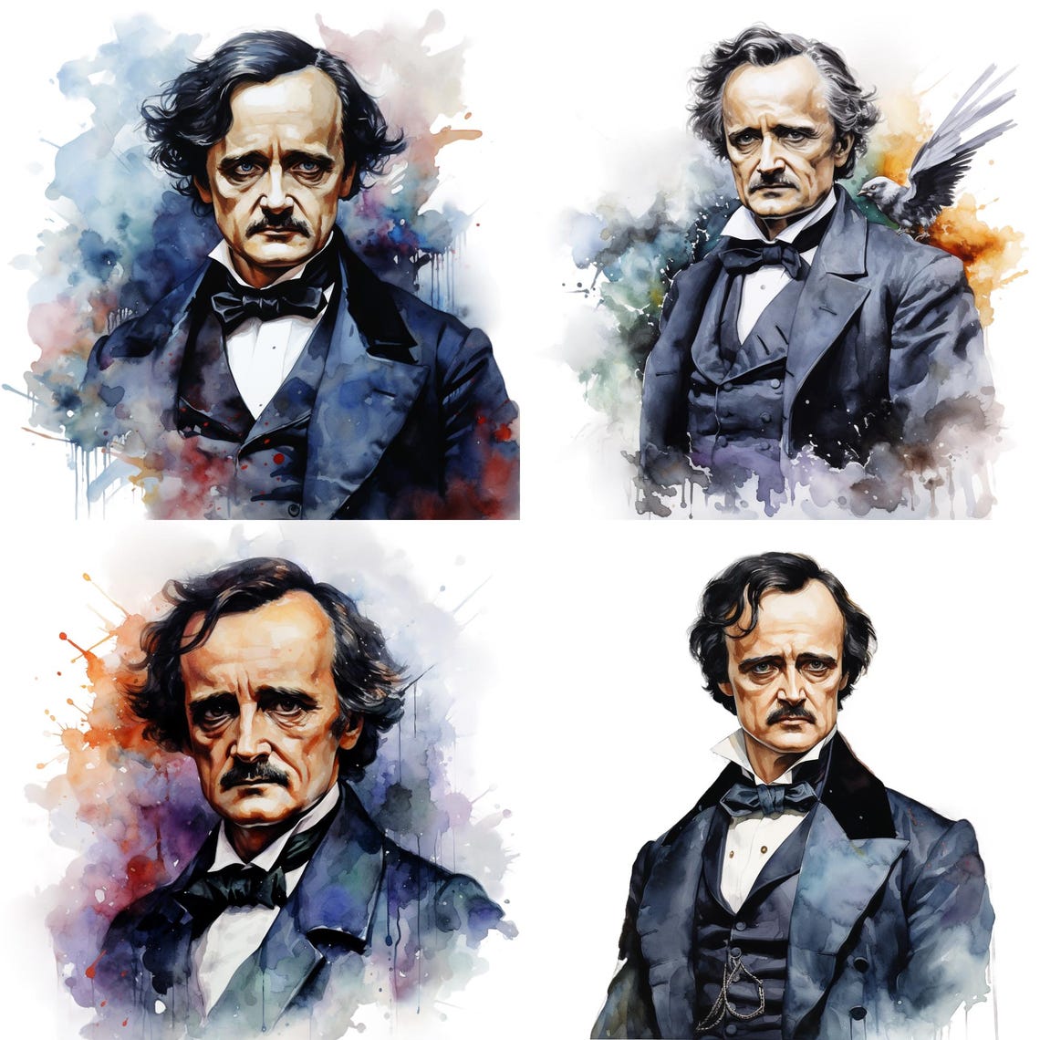 Edgar Allan Poe PNG Clipart Bundle, Watercolor Edgar Allan Poe Gothic ...