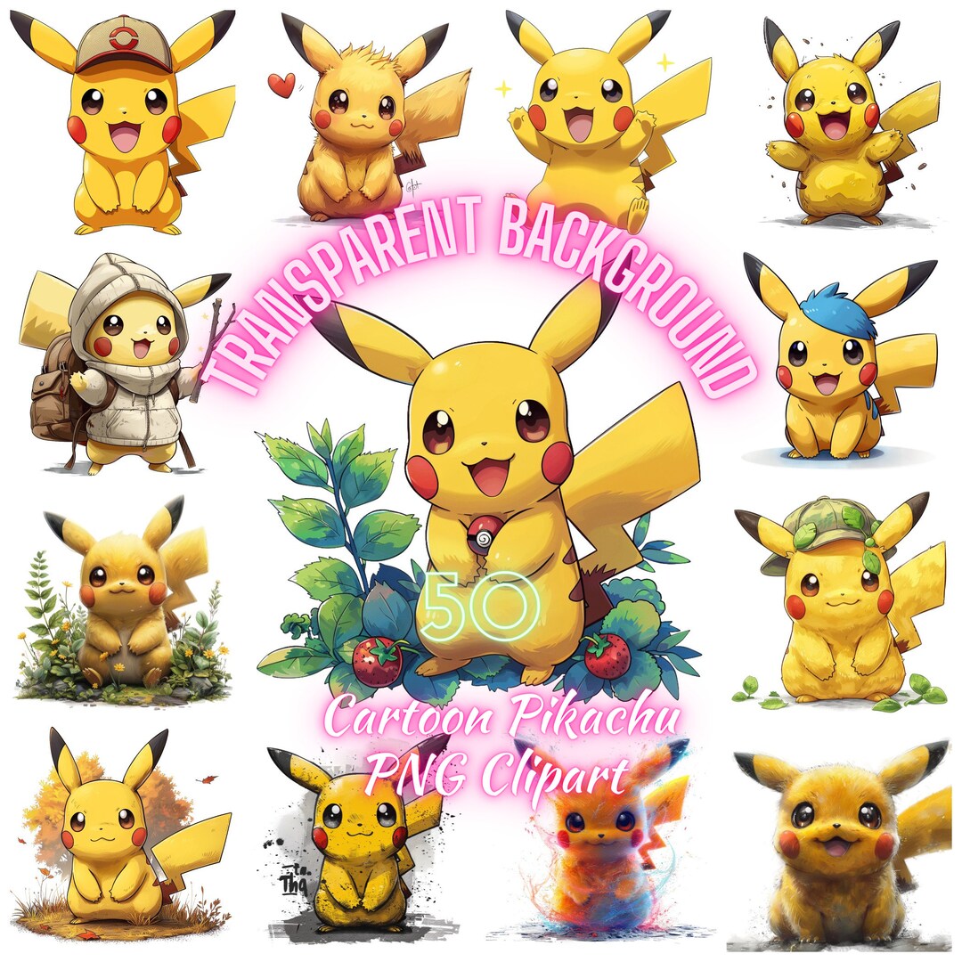 50 Pikachu Cartoon PNG Clipart Bundle, T-shirt Design (commercial Use ...