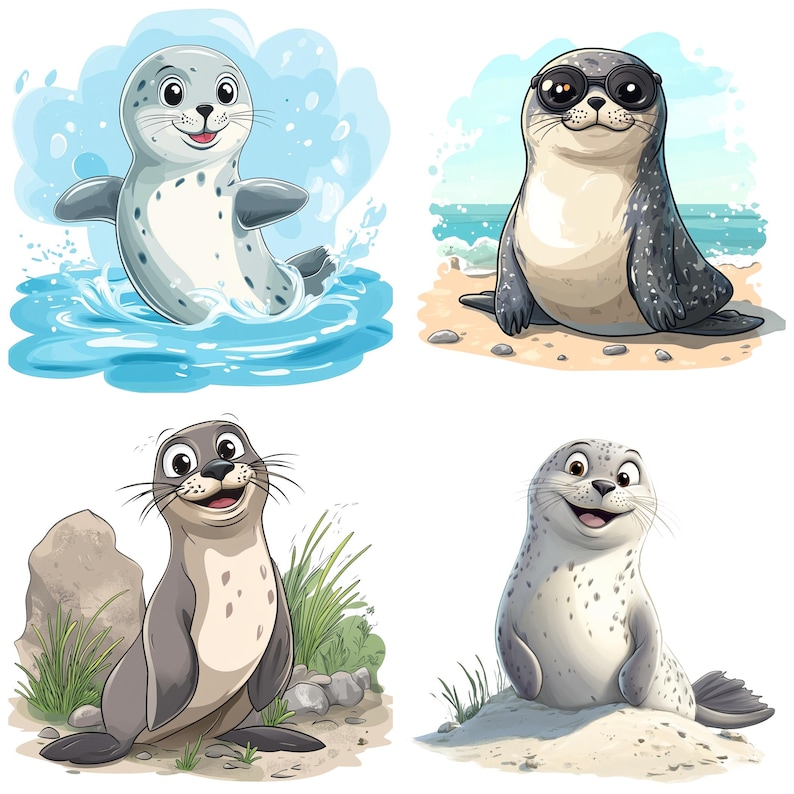 Cartoon Seal Clipart Bundle, Playful Baby Seal PNG (commercial Use) - Etsy