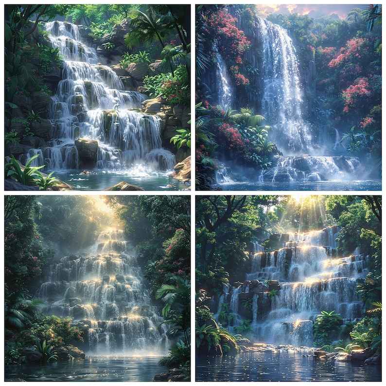 Waterfall Landscape PNG Clipart, Watercolor Tropical Rainforest Scenery ...